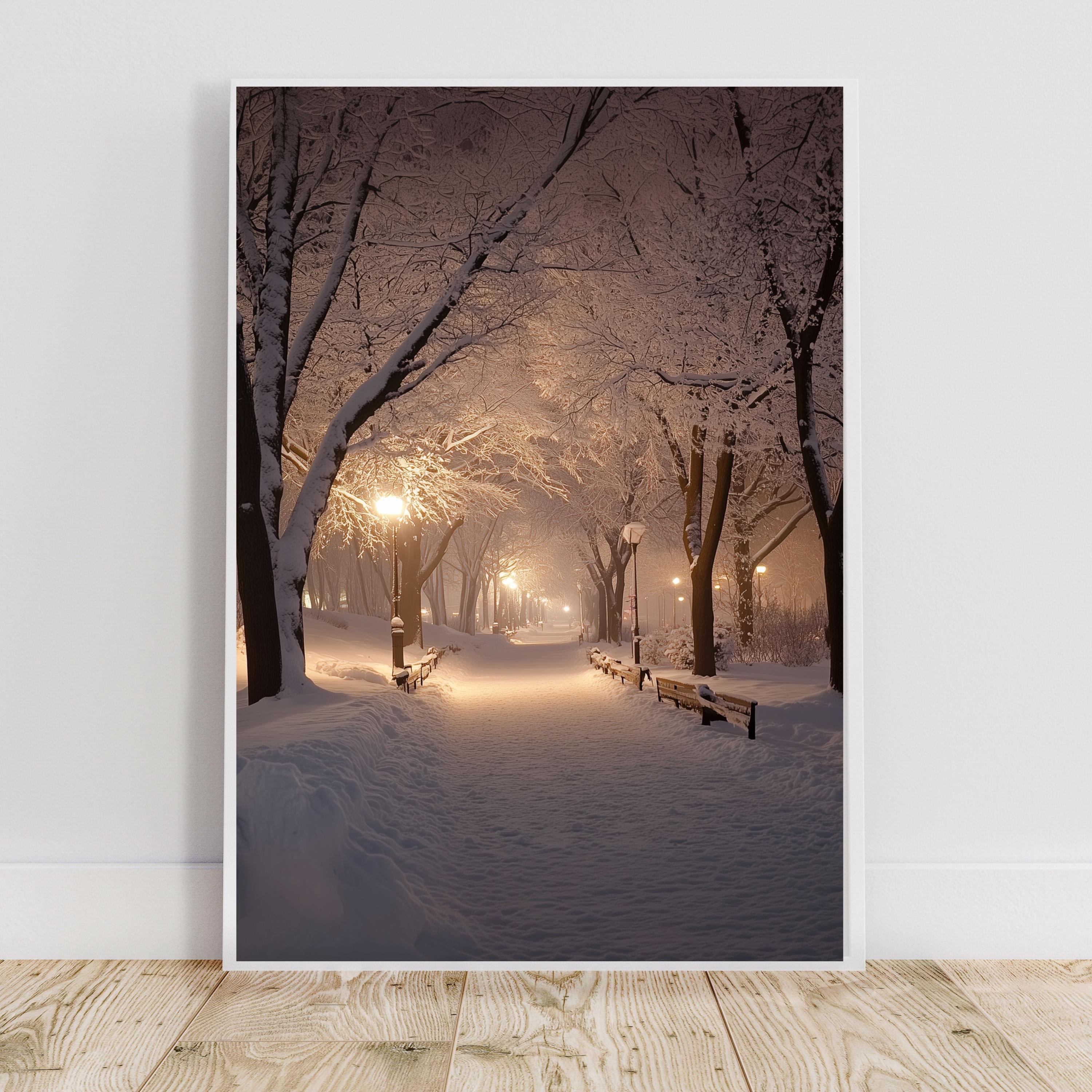 Winter Evening Snow Scene Art Print: Illuminated Snowy Path (digital ...
