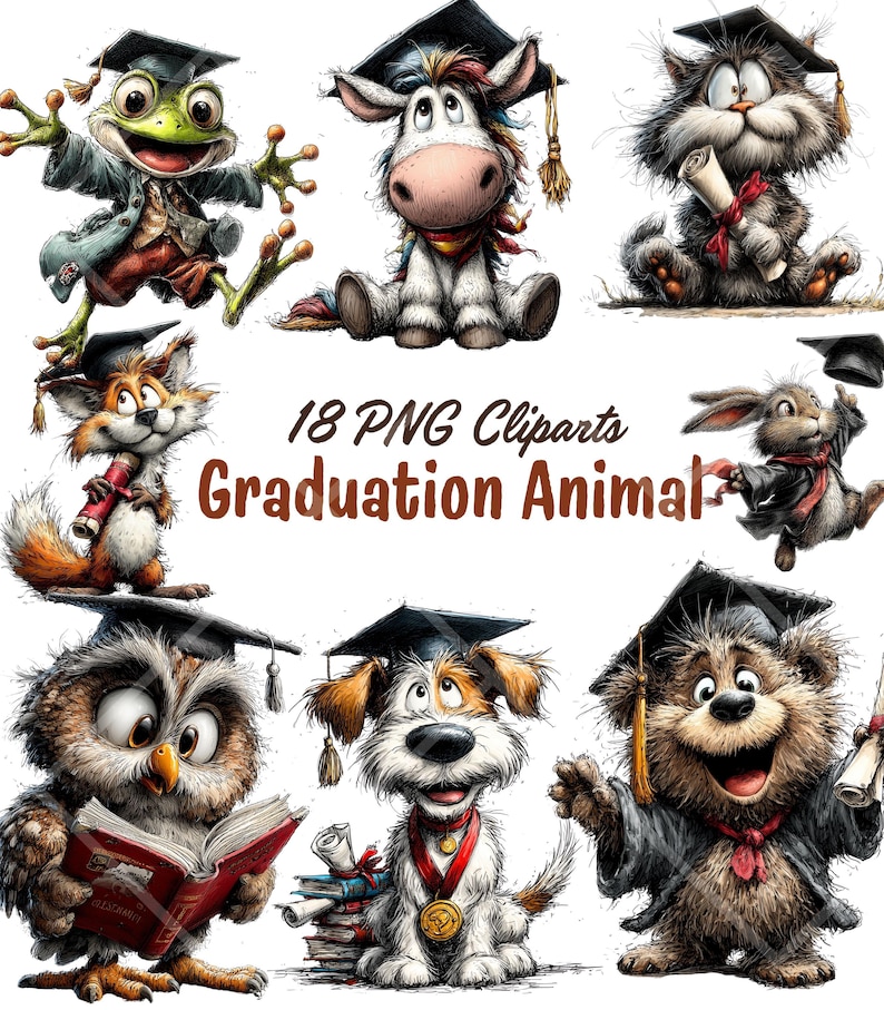 Graduation Animal Clipart Set, 18 PNG Cute Graduation Animals ...