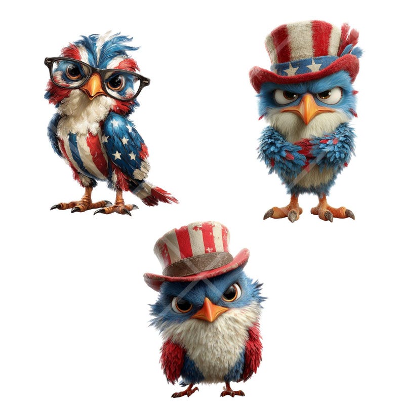Patriotic Owl and Bird Clipart Bundle PNG, Funny American Birds, 4th of ...