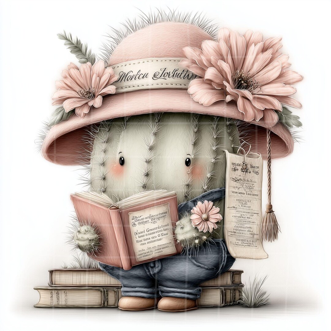 30 Cactus Book Cliparts JPG, Reading Cactus Watercolor, Whimsical ...