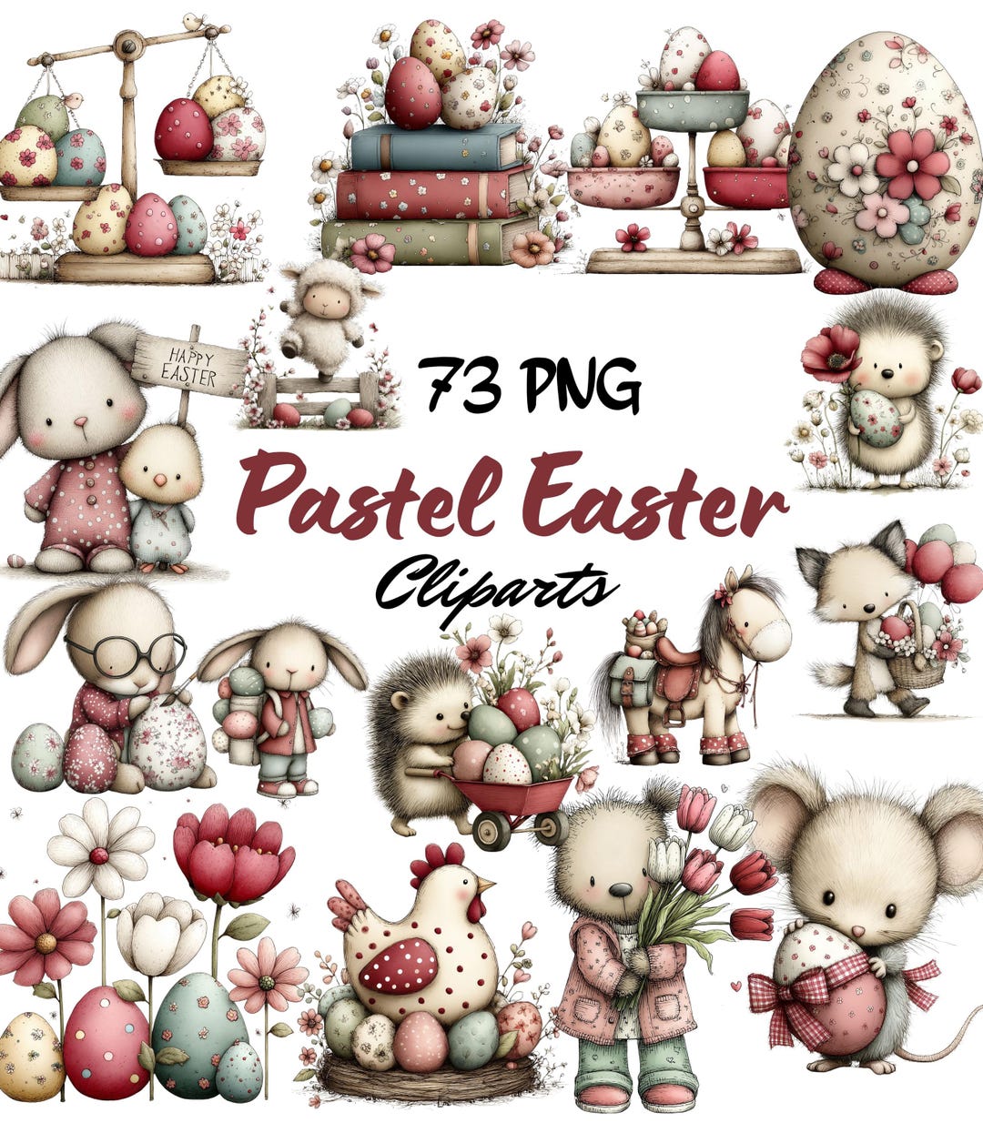 Pastel Easter Clipart Bundle PNG, Floral Easter Eggs & Spring Decor ...