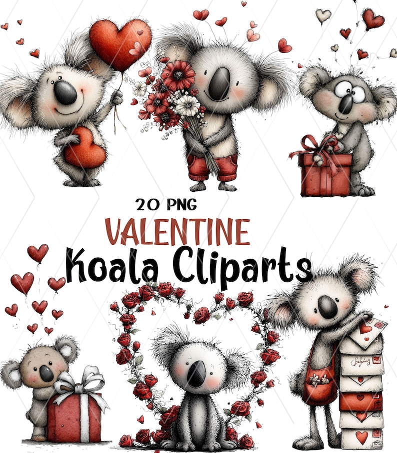 Whimsical Koala Clipart Set, Valentine Heart Balloons PNG, Cute Animal ...