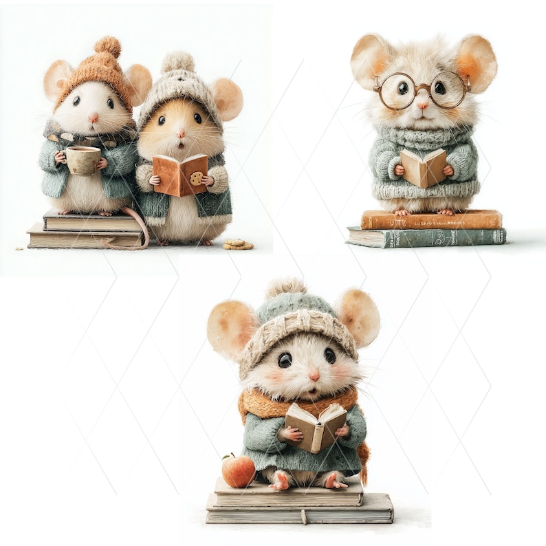 25 Watercolor Mouse Clipart JPG Bundle, Cute Reading Mouse Art, Cozy ...