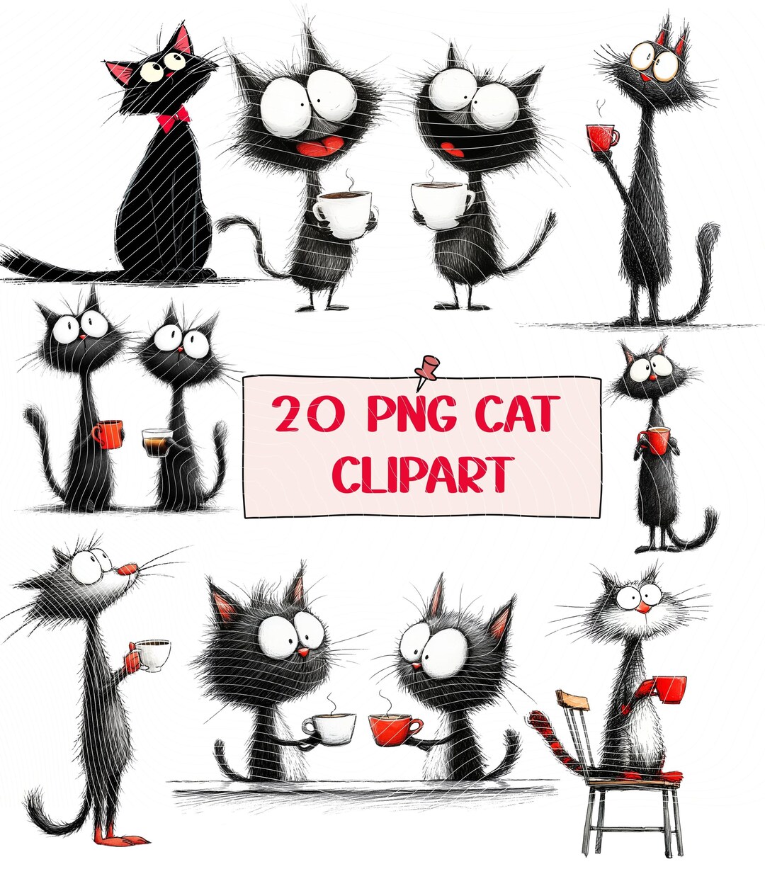 Black Cat Clipart Set | 20 PNG Funny Illustrations | Big Eye Kitty ...