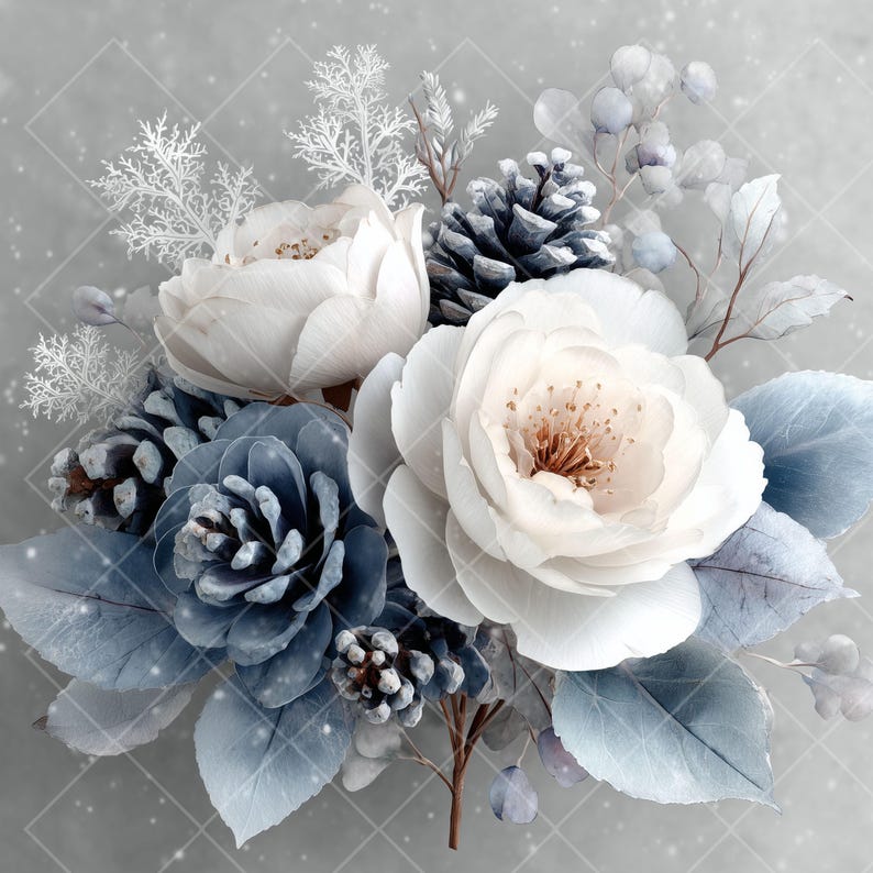 Winter Floral Clipart Bundle – 11 JPG Elegant Roses Pine Cones Snowy ...