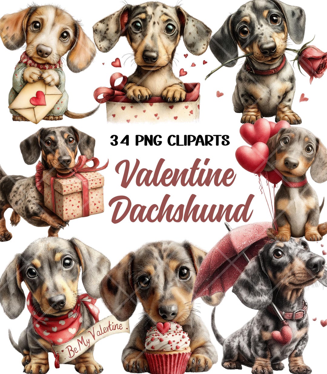 34 Valentine Dachshund Clipart Set, Watercolor Doxie Art, Cute Puppy ...
