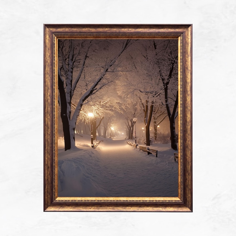 Winter Evening Snow Scene Art Print: Illuminated Snowy Path (digital ...