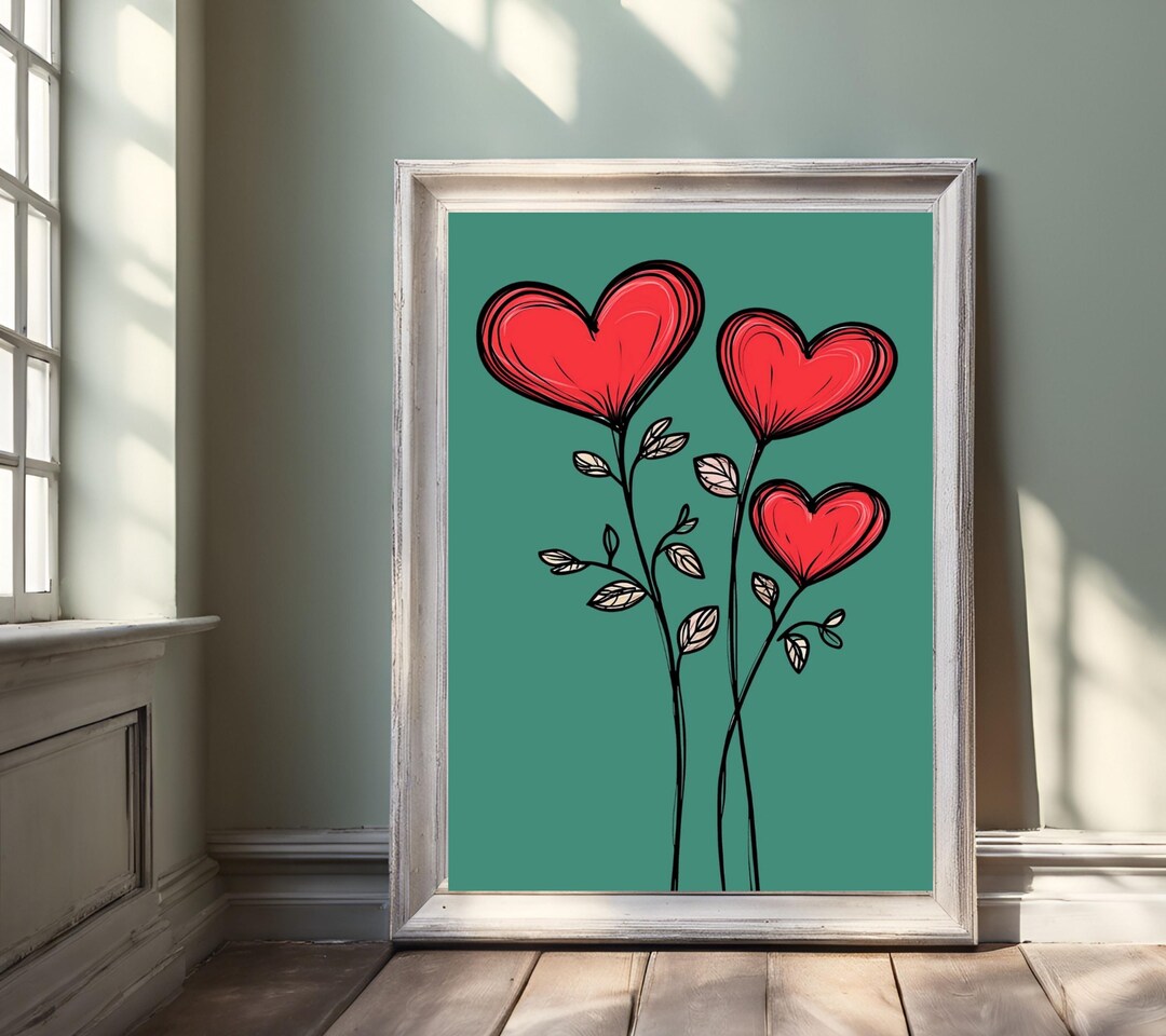 Heart Bloom Poster - Whimsical Digital Wall Art With Red Heart Flowers ...