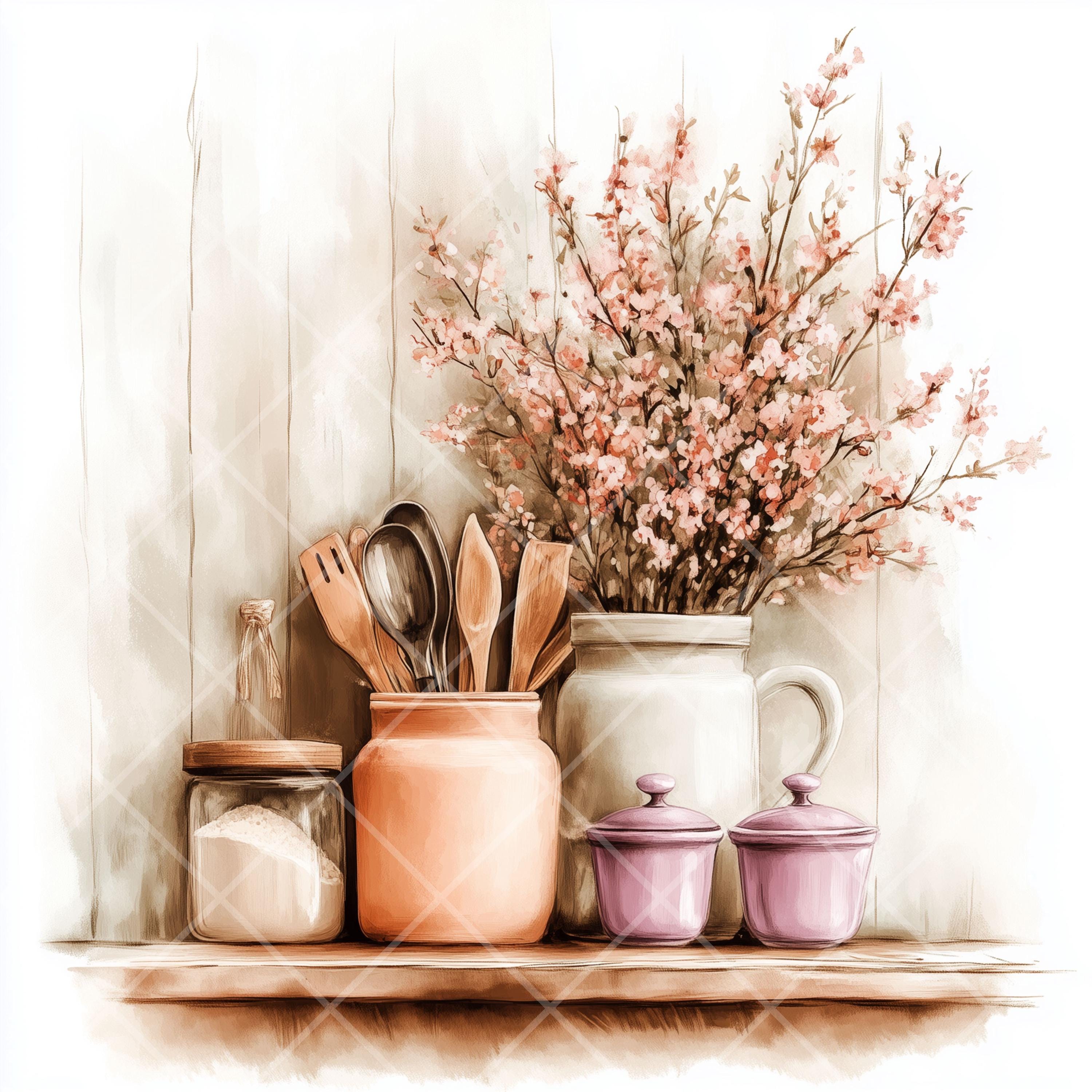 Watercolor Farmhouse Kitchen Clipart: Vintage Utensils & Floral Decor ...