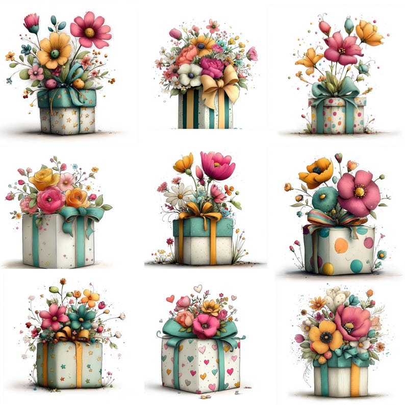 Floral Gift Box Clipart JPG Bundle, Flowers in Gift Box, Watercolor ...
