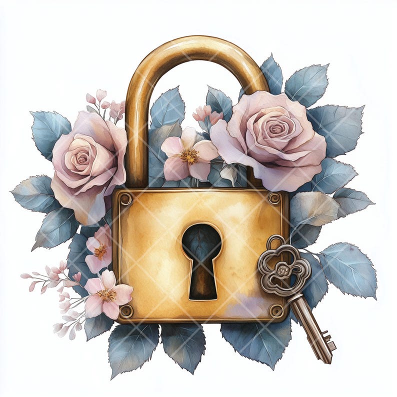Golden Padlock & Key Clipart – 10 JPG Watercolor Illustrations With ...