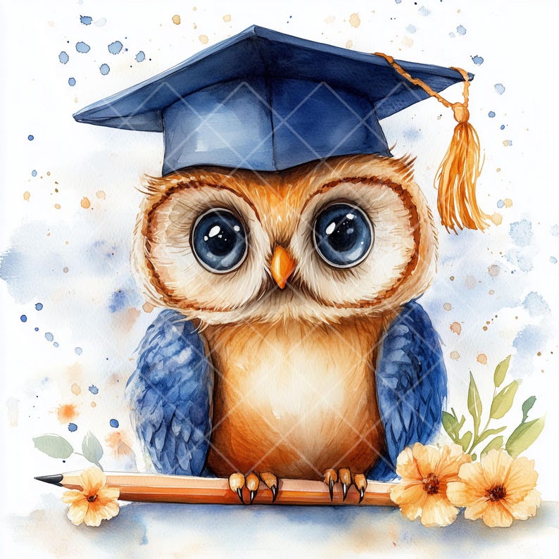 10 JPG Cliparts of Watercolor Owls With Doctoral Hats,clever Graduation ...
