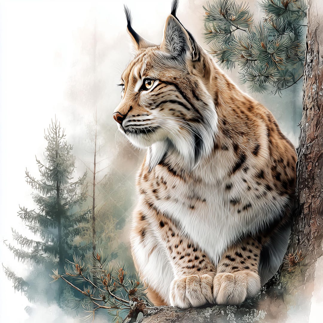 Watercolor Lynx Clipart Bundle: Pine Forest Animal Art (JPG Digital ...