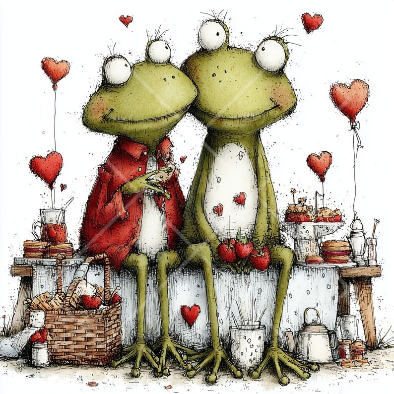 Whimsical Frog Clipart JPG, Cute Frog Couple Illustrations, Hand Drawn ...