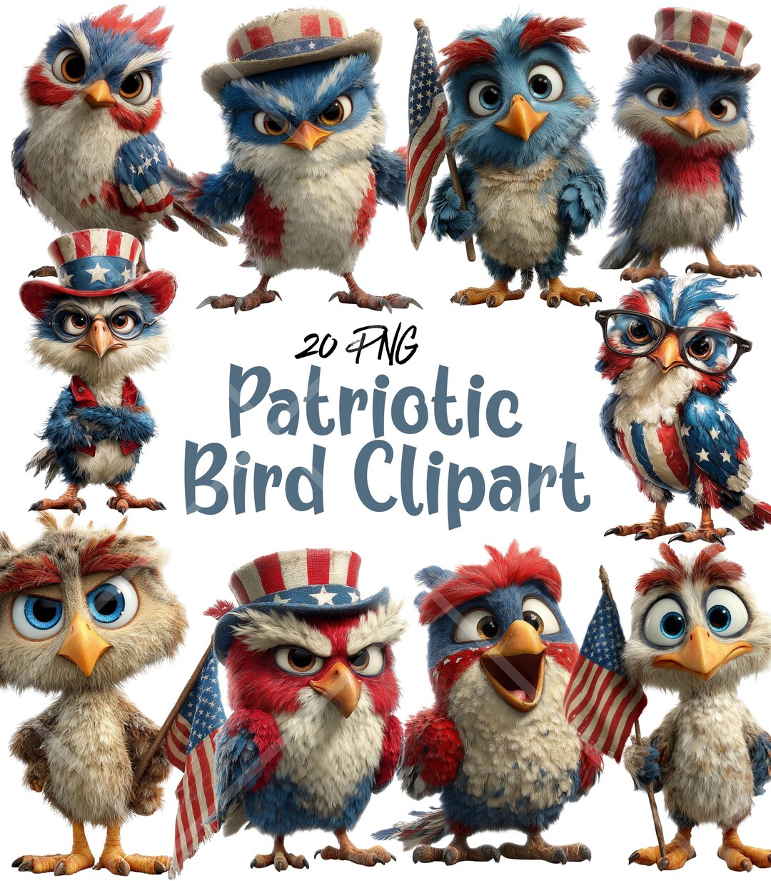 Patriotic Owl and Bird Clipart Bundle PNG, Funny American Birds, 4th of ...