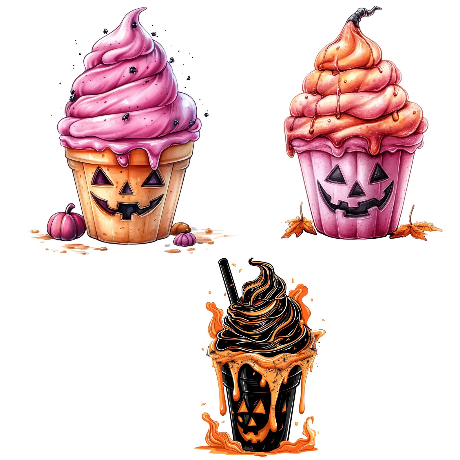 Halloween Ice Cream Clipart: Spooky Dessert PNG Images (digital ...