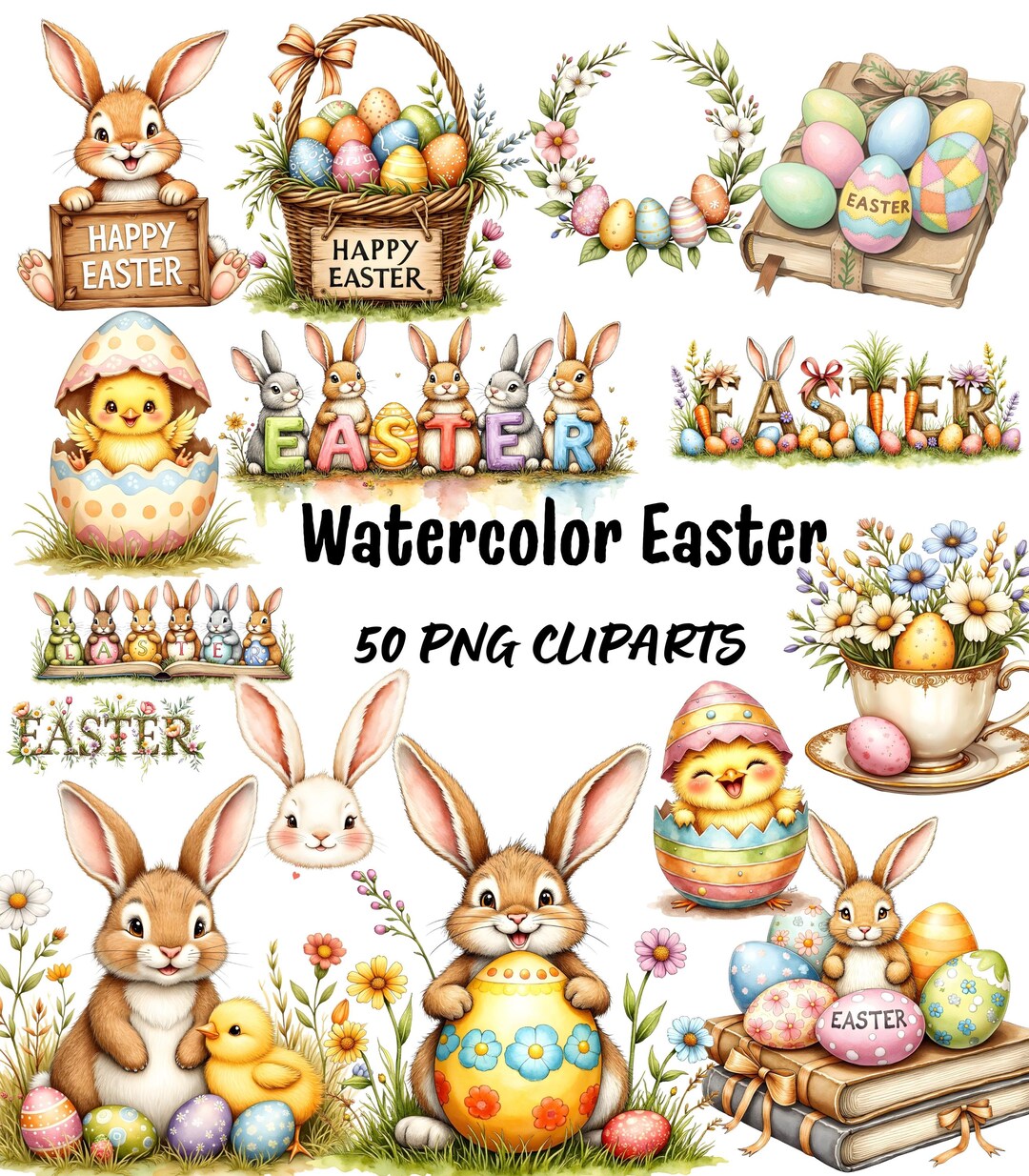 Easter Watercolor Clipart Bundle PNG, Pastel Spring Illustrations, High ...