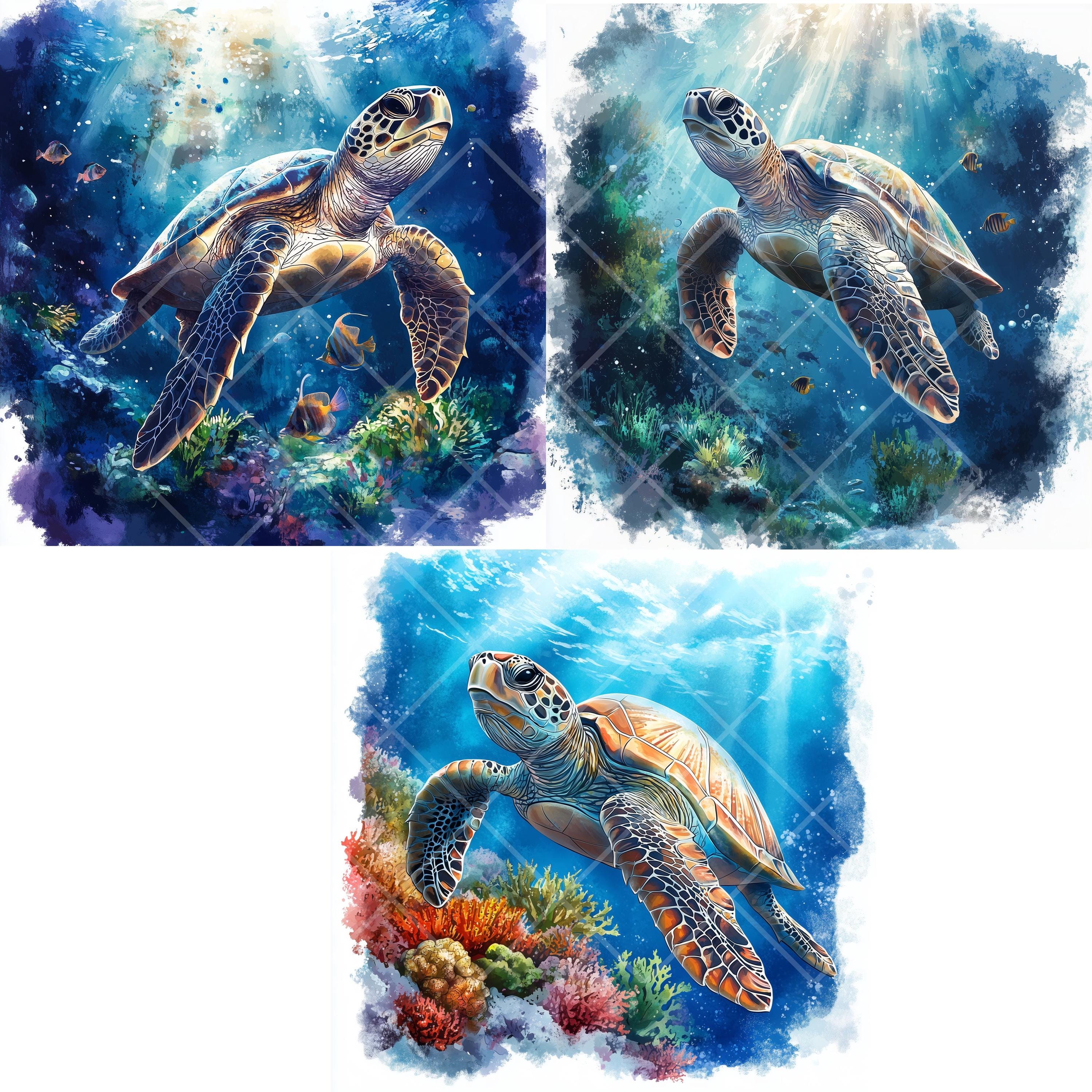 Watercolor Sea Turtle Clipart: Ocean Corals Illustration (digital ...
