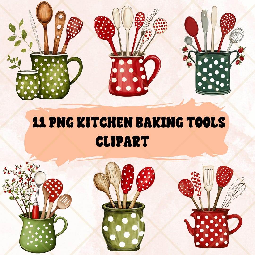 50s Vintage Kitchen Utensils Clipart: Retro Polka Dot Baking Tools ...