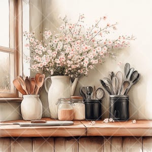 Watercolor Farmhouse Kitchen Clipart: Vintage Utensils & Floral Decor ...