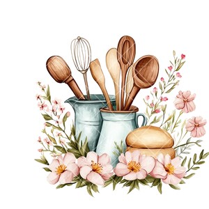 Watercolor Bakery Clipart: Floral Kitchen Utensils (digital Download ...