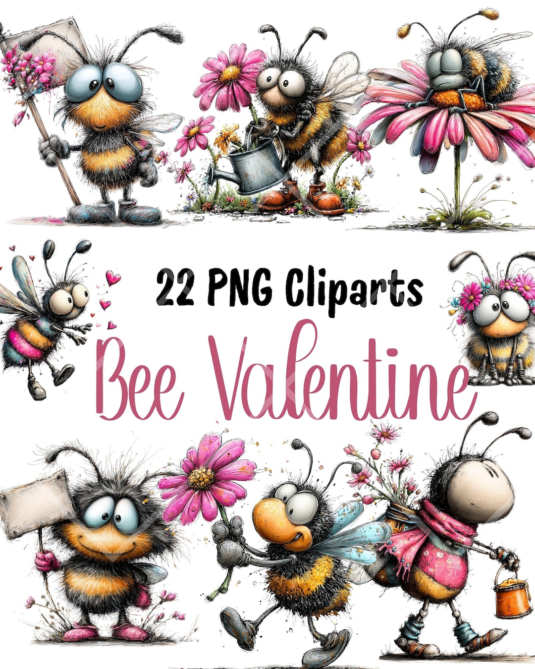Whimsical Bee Valentine Clipart Set, 22 PNG Cute Love Bees, Romantic ...