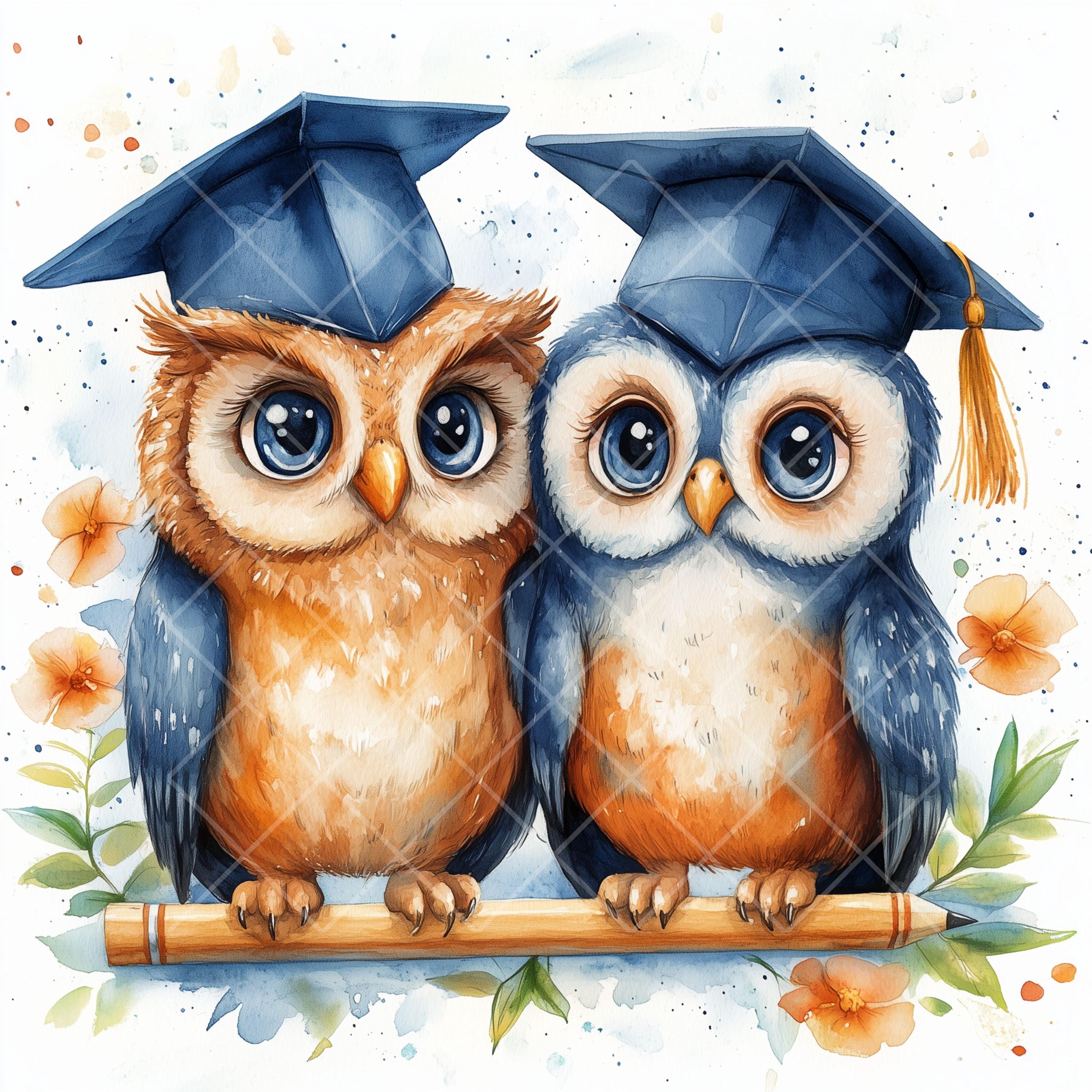 10 JPG Cliparts of Watercolor Owls With Doctoral Hats,clever Graduation ...