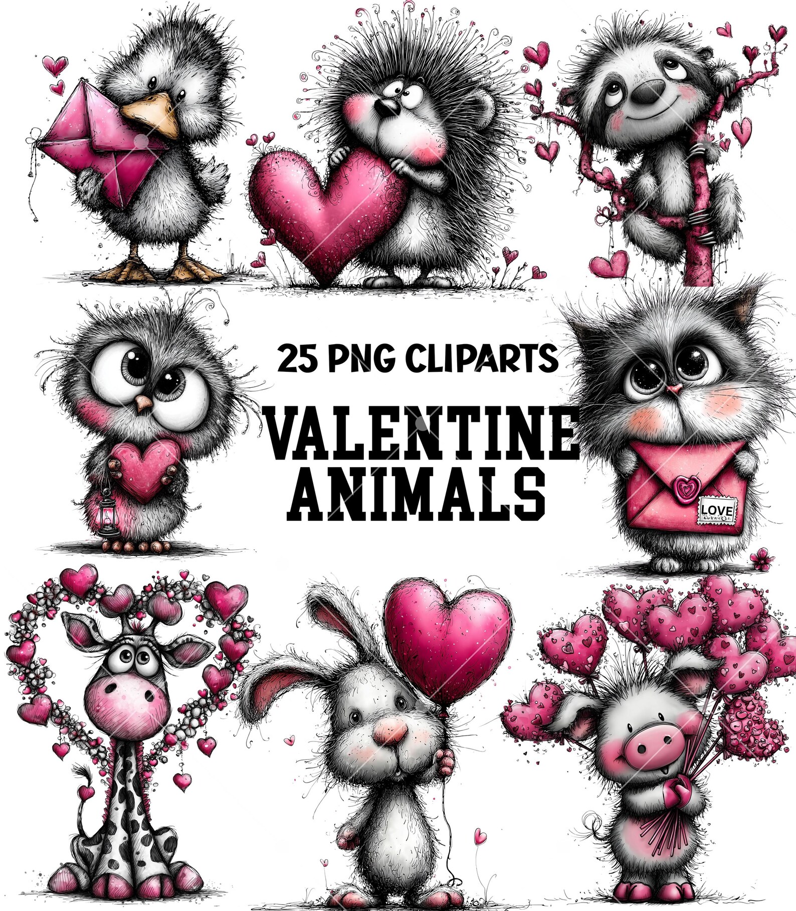 Valentine Animal PNG Clipart Bundle, 25 Love Animals PNG, Heart Themed ...