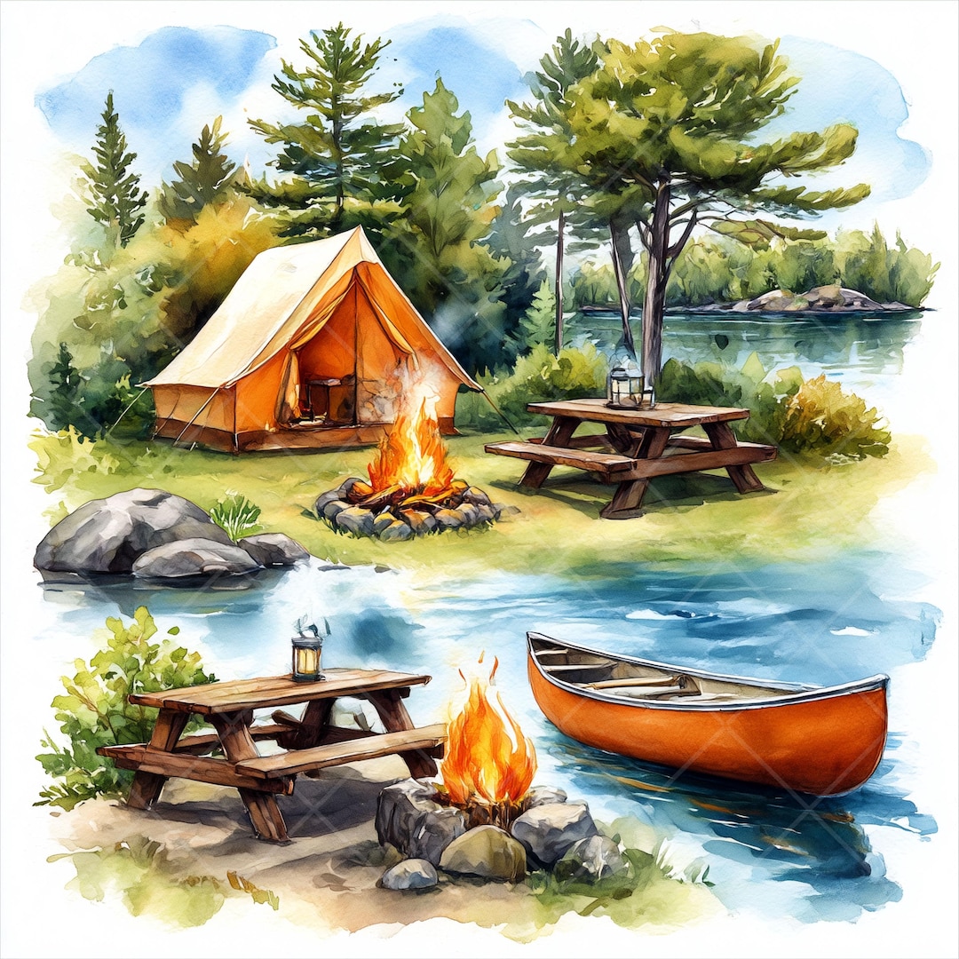 Cottagecore Camping Clipart Bundle: Watercolor Tent & Campfire ...