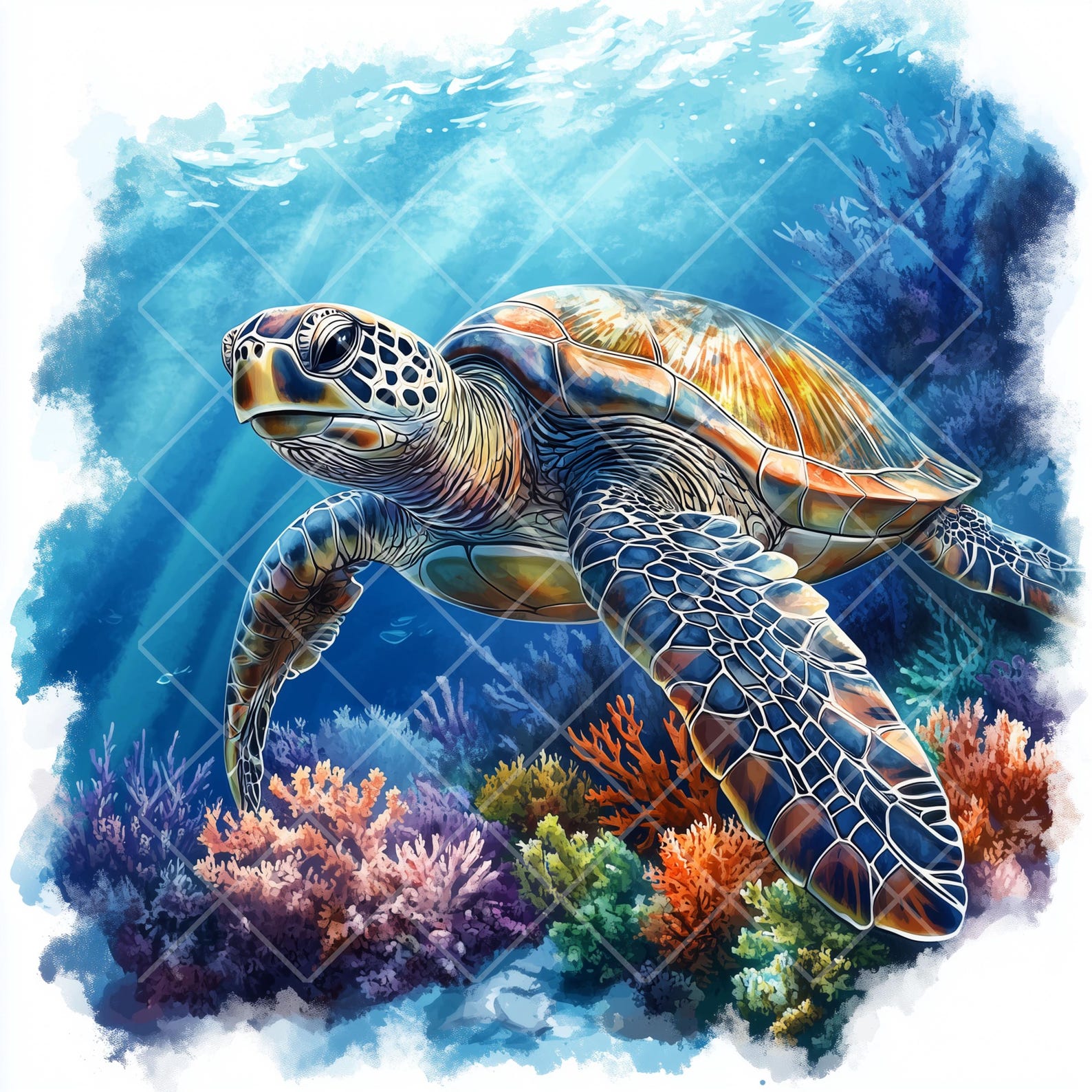 Watercolor Sea Turtle Clipart: Ocean Corals Illustration (digital ...