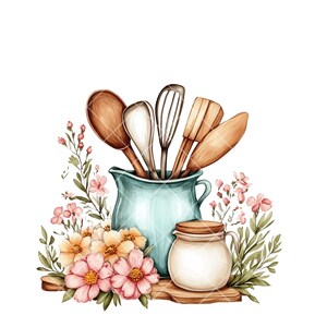 Watercolor Bakery Clipart: Floral Kitchen Utensils (digital Download ...
