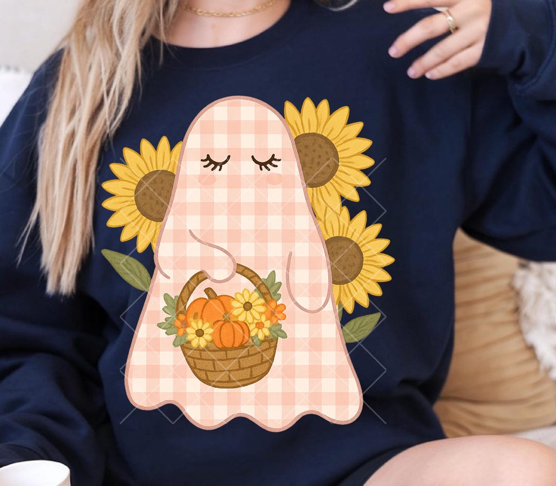 Cute Fall Ghost PNG With Sunflowers and Pumpkins| Halloween PNG Digital ...