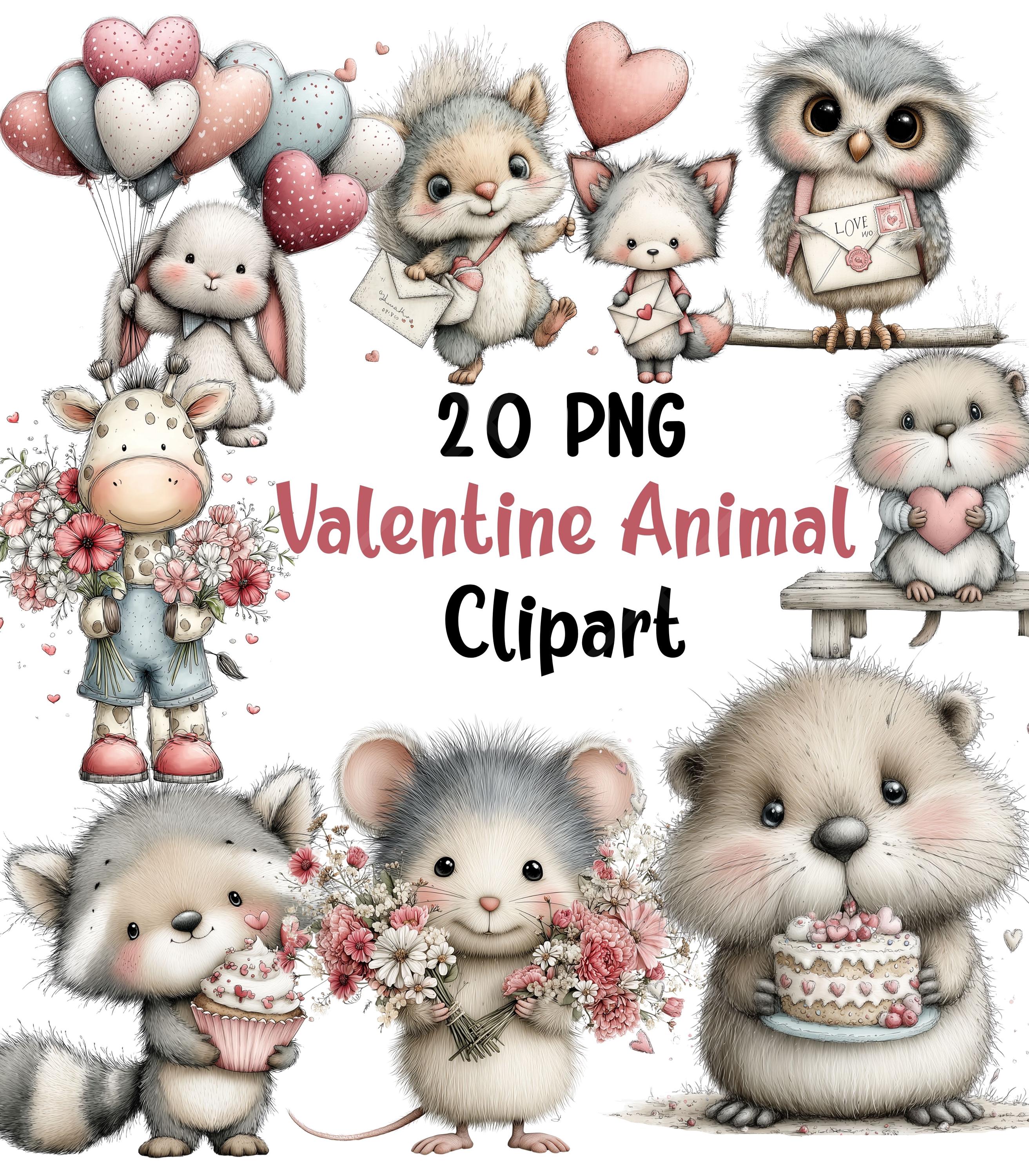 20 Whimsical Valentine Animal Clipart PNG , Cute Pastel Animals With ...