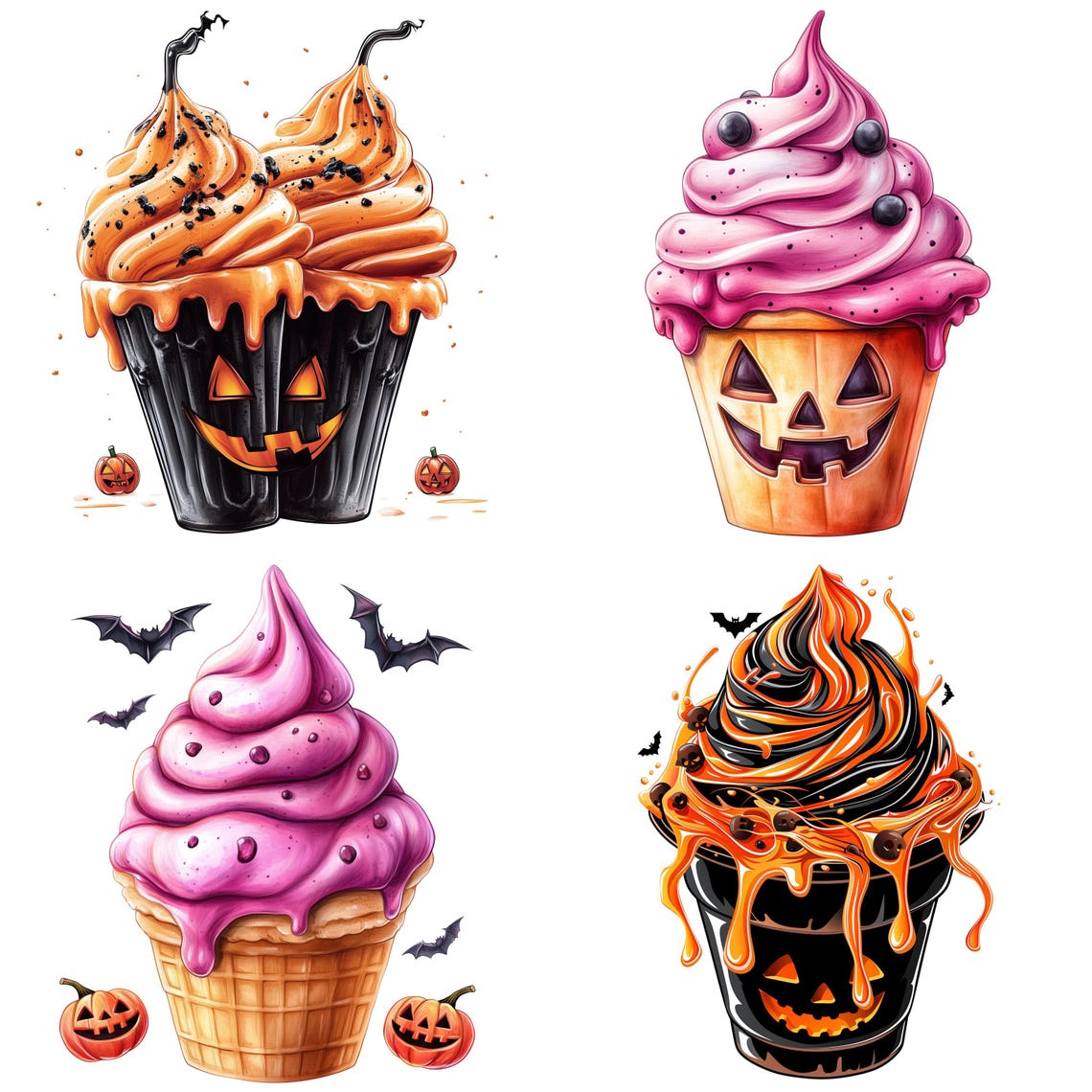 Halloween Ice Cream Clipart: Spooky Dessert PNG Images (digital ...