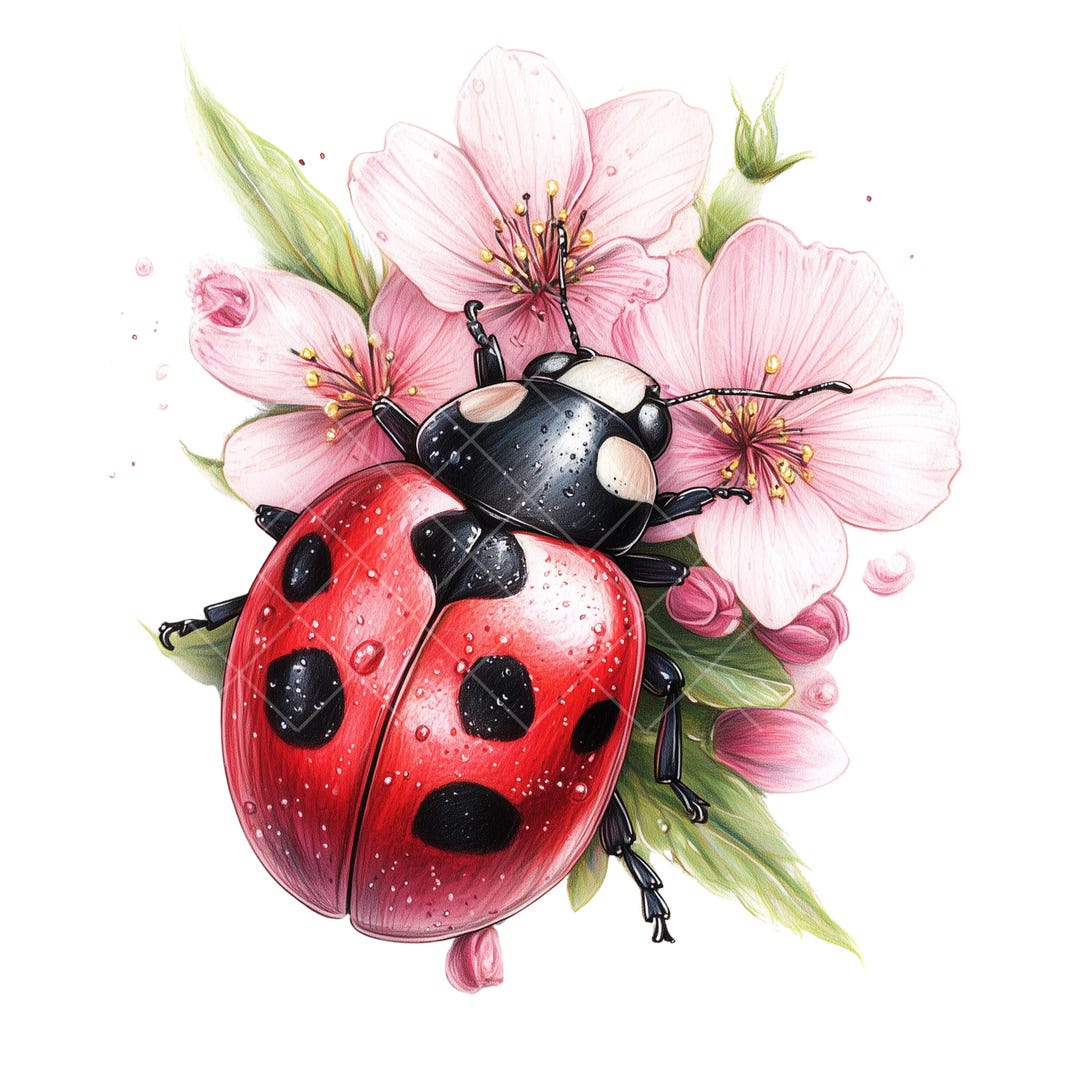Ladybug Watercolor Clipart: Pink Flower Spring Garden Illustrations ...