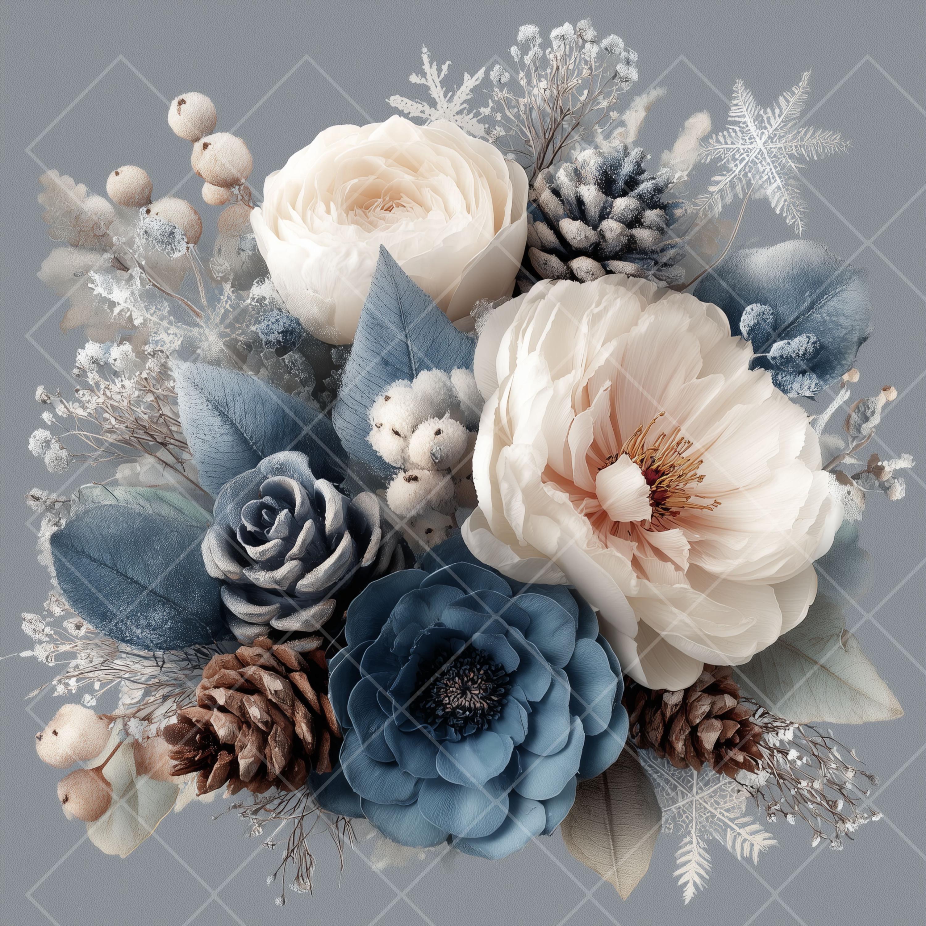 Winter Floral Clipart Bundle – 11 JPG Elegant Roses Pine Cones Snowy ...