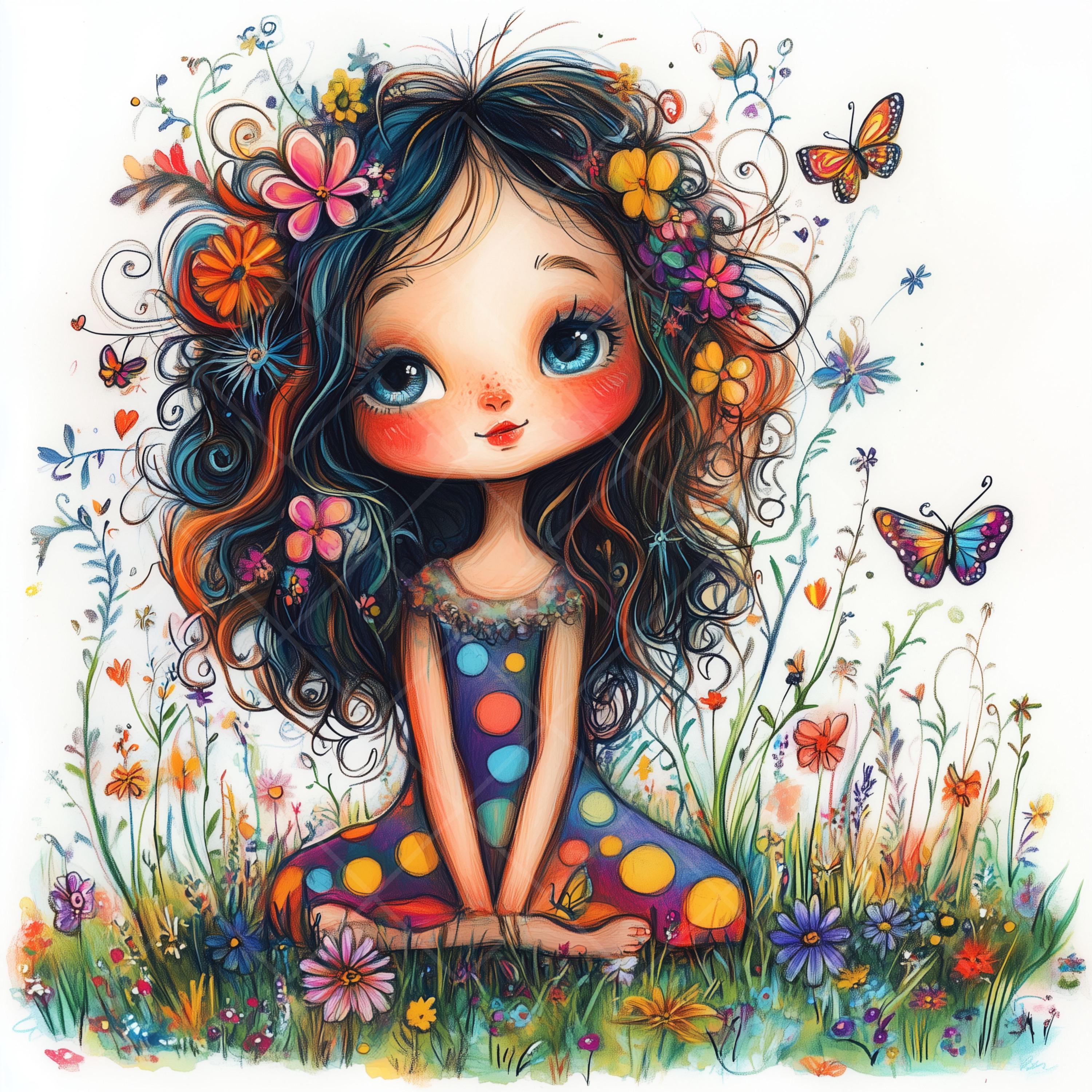 Quirky Spring Flower Girl,whimsical Cartoon Characters Clipart - 10 JPG ...