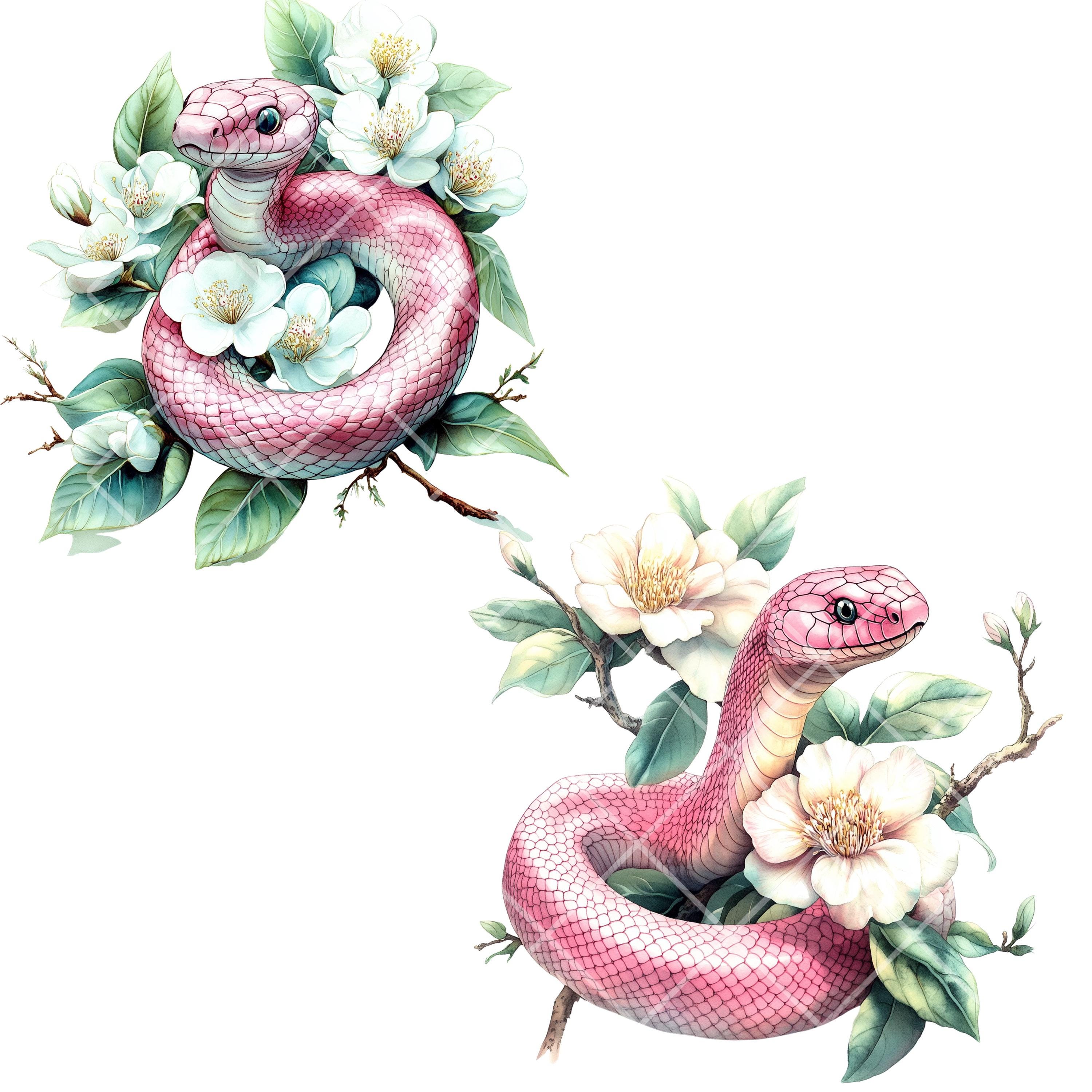15 PNG Cliparts – Watercolor Snakes With Floral Elements, Elegant ...