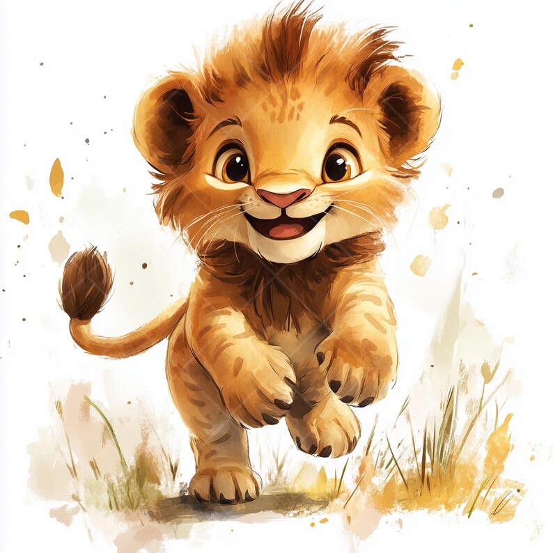 Adorable Lion Cub Clipart Bundle – 12 Watercolor Jungle Baby Animal ...