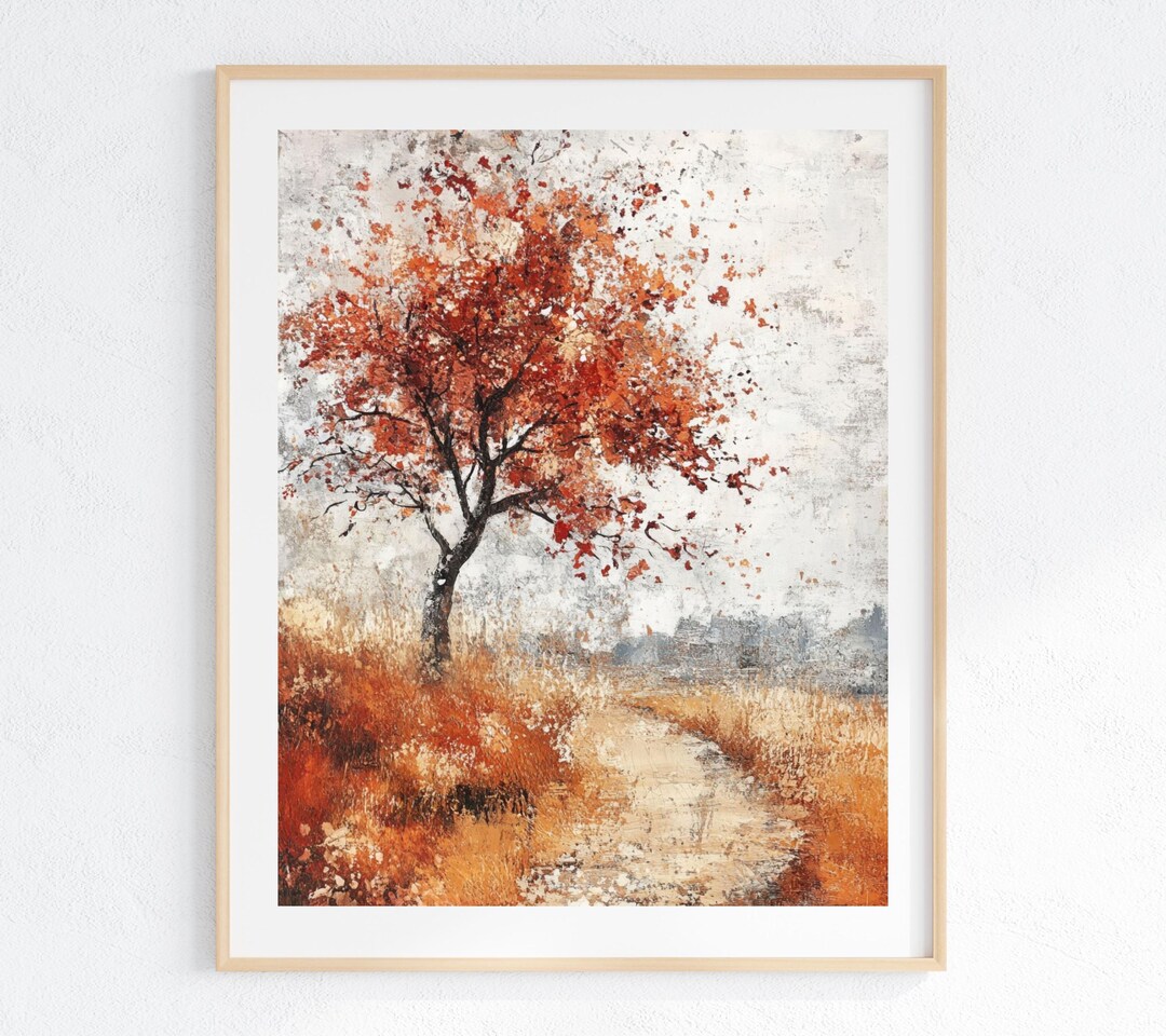 Digital Autumn Tree Poster: Vibrant Red Leaves, Golden Grass and ...