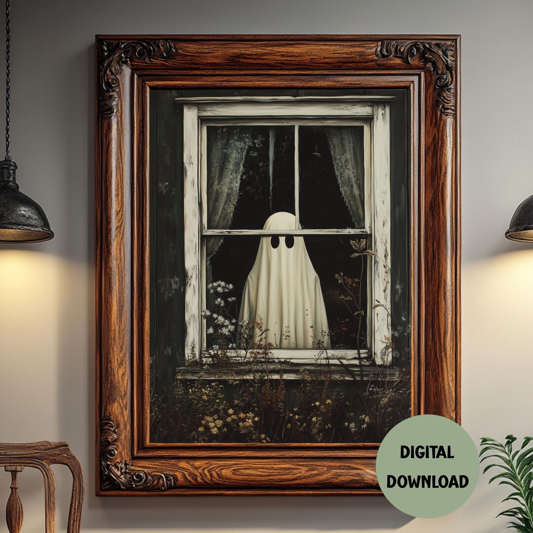 Vintage Ghost Window Art Print: Spooky Cottagecore Halloween Decor ...