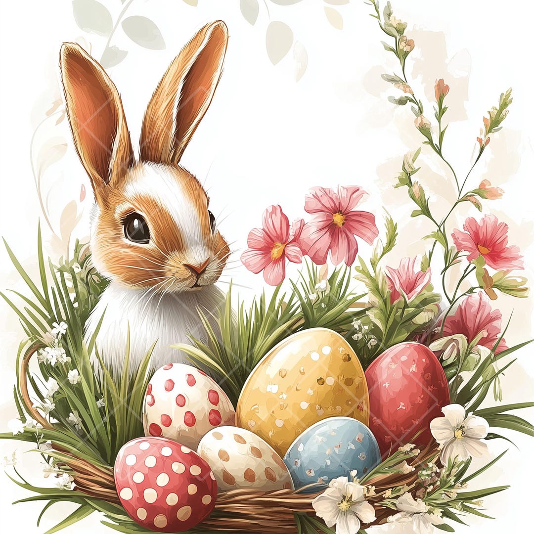 Easter Bunny Clipart: Basket With Eggs and Flowers (JPG Digital ...
