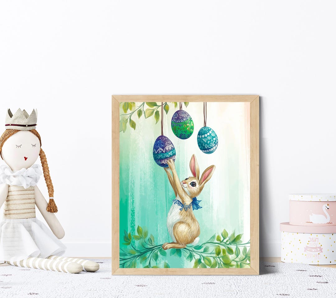 Easter Bunny Art Print – Whimsical Rabbit With Eggs, Pastel Nursery ...