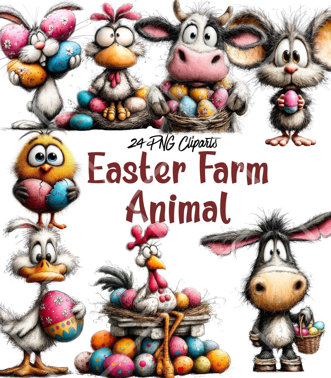 Whimsical Easter Farm Animal Clipart PNG Set, Cute Cow Bunny Chick ...