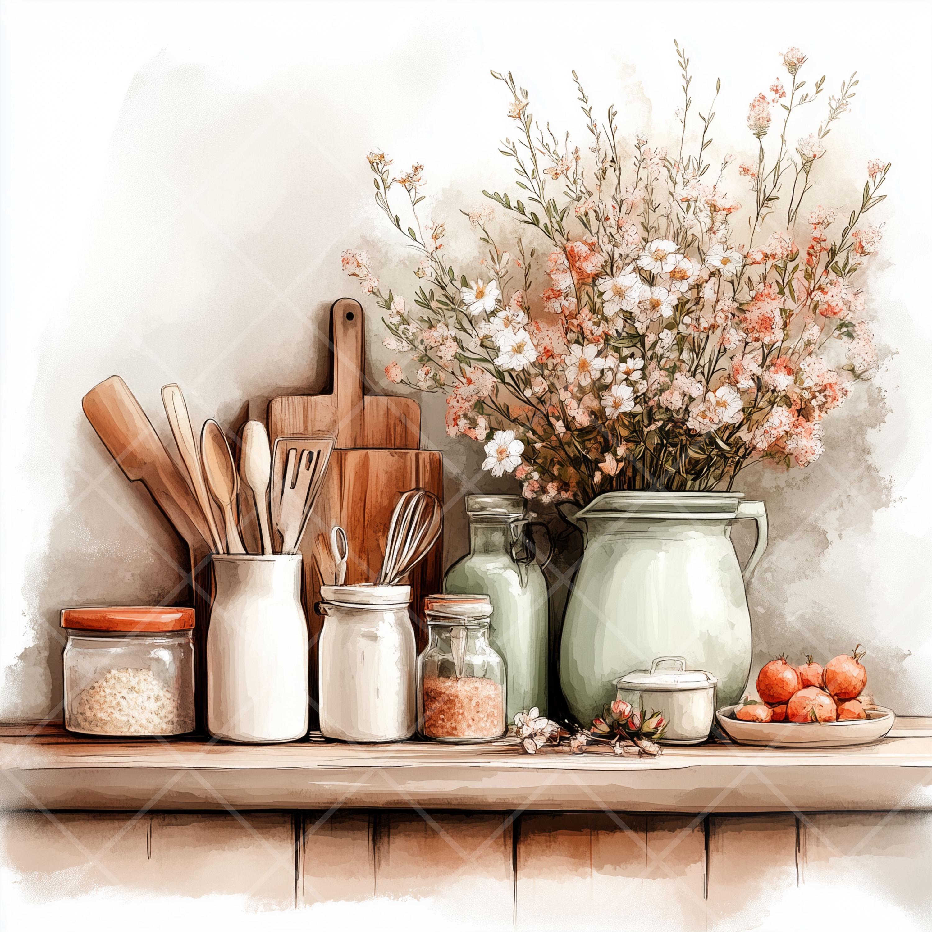 Watercolor Farmhouse Kitchen Clipart: Vintage Utensils & Floral Decor ...