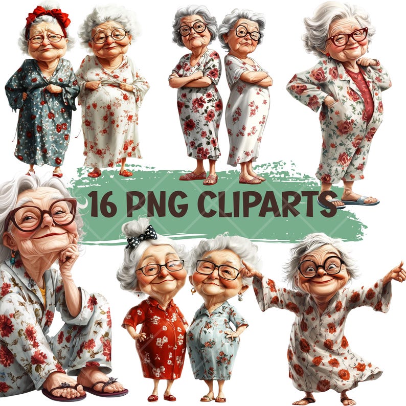 16 Funny Grandma Pyjama Clipart PNG, Cute Old Lady Cartoon Digital ...