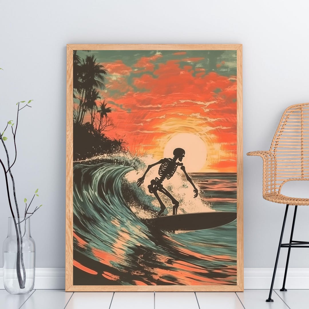 Sunny Skeleton Vibes - Digital Download of Surfing at Sunset Wall Art ...