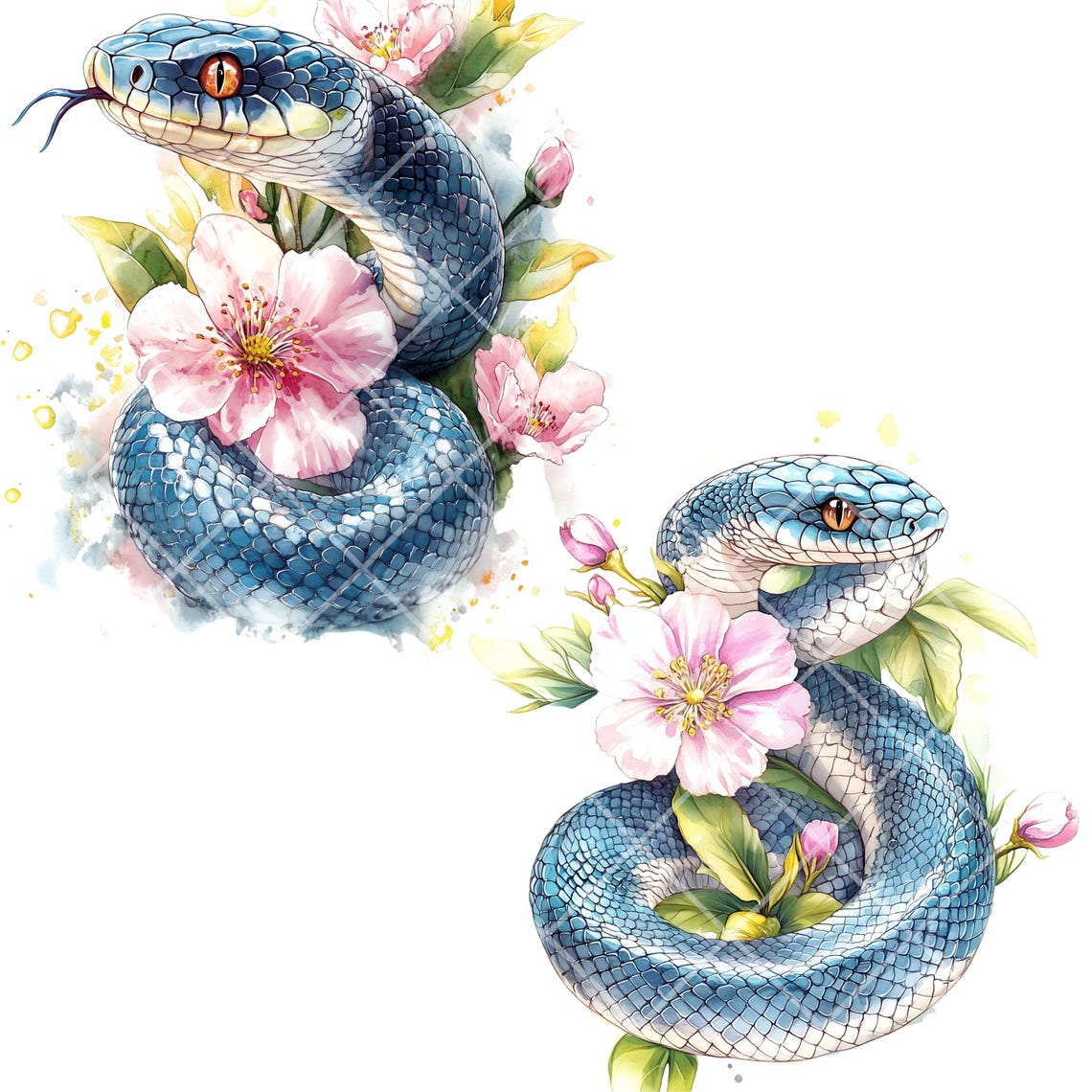 15 PNG Cliparts – Watercolor Snakes With Floral Elements, Elegant ...