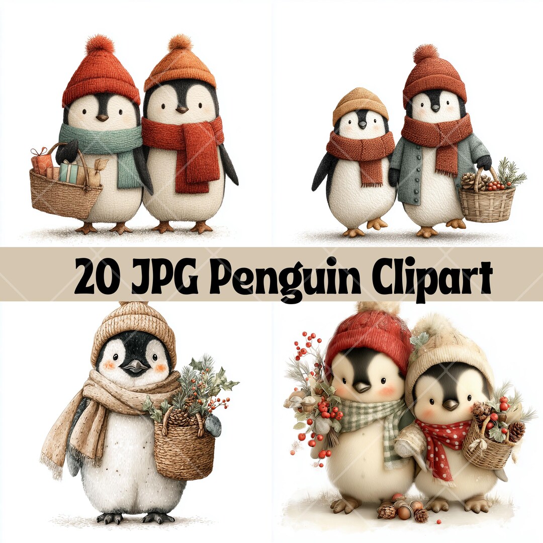 20 Cute Penguin Clipart Jpgs, Christmas Winter Clipart Set, Holiday ...
