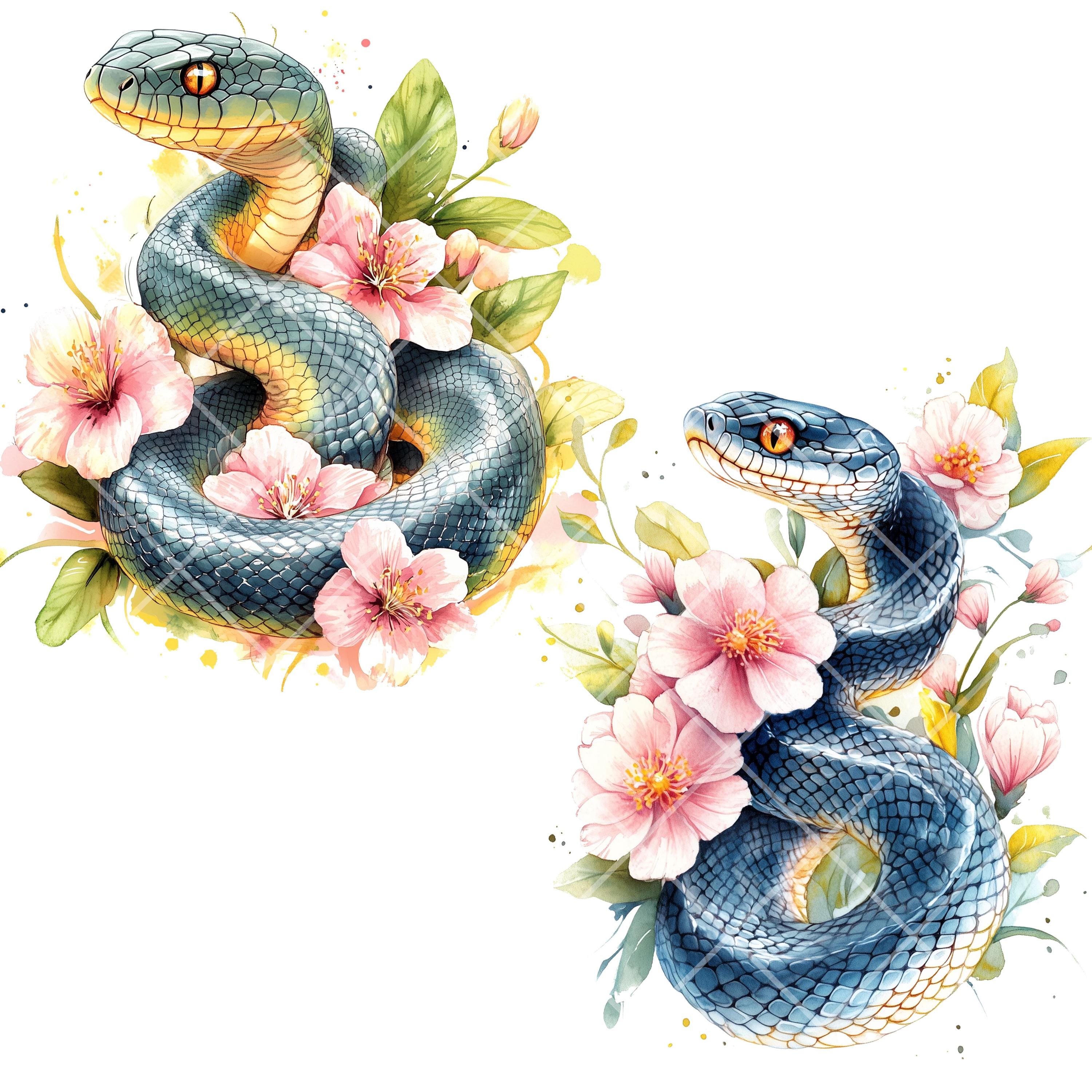 15 PNG Cliparts – Watercolor Snakes With Floral Elements, Elegant ...